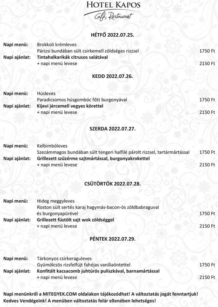 Weekly menu - Kapos Hotel