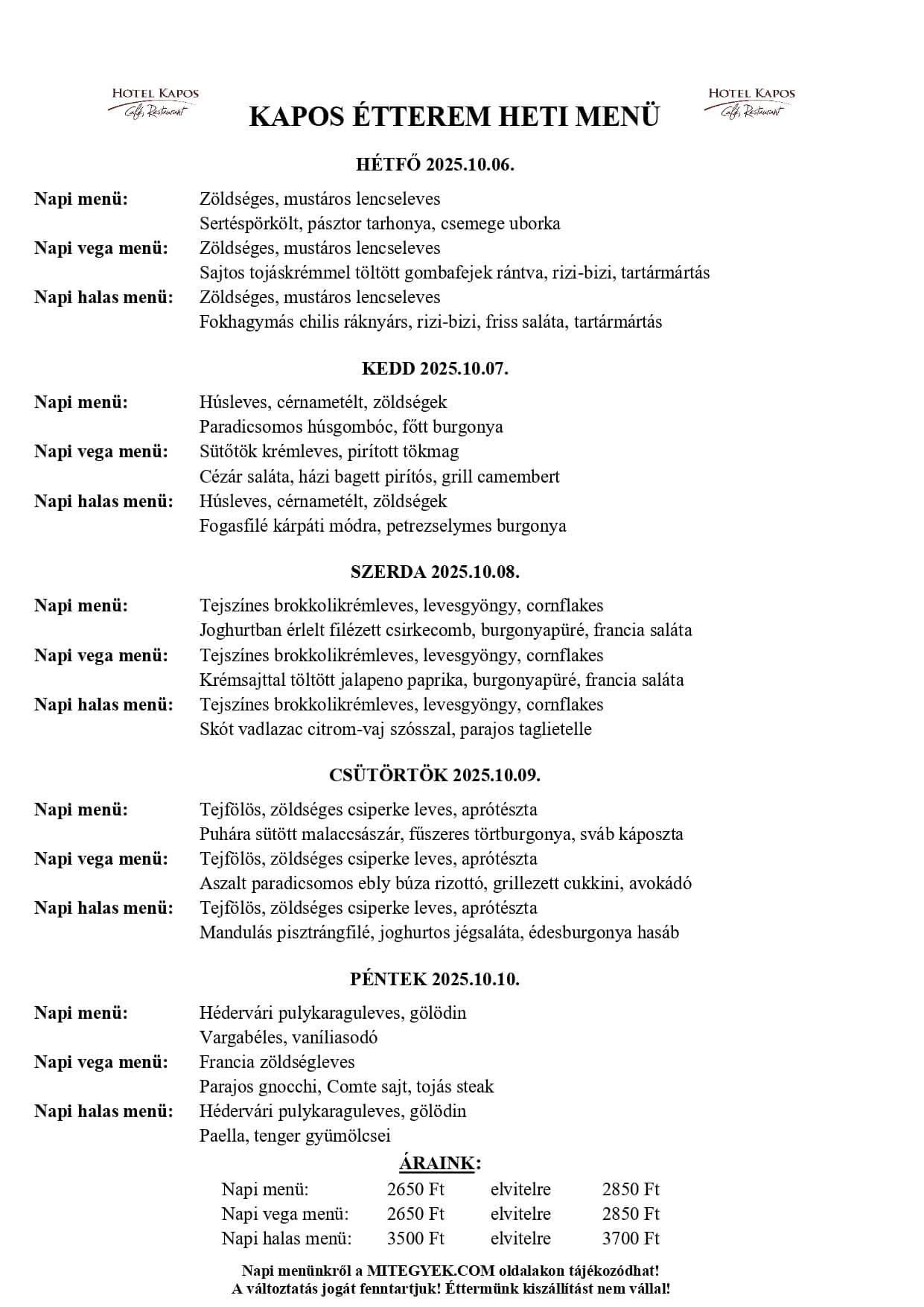 Weekly menu - Kapos Hotel